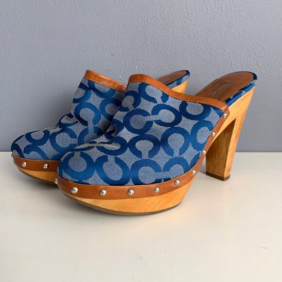 Coach | Shoes | Coach Bacall Blue Signature Platform Heeled Clog Size 8 ...